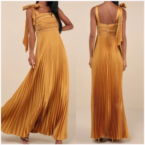 Lulus | Dresses | Lulus Gorgeous Purpose Gold Satin Pleated Sleeveless ...